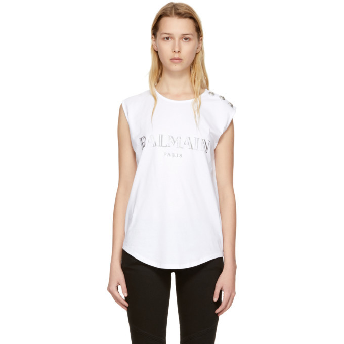 Balmain White Sleeveless Logo T-Shirt Balmain