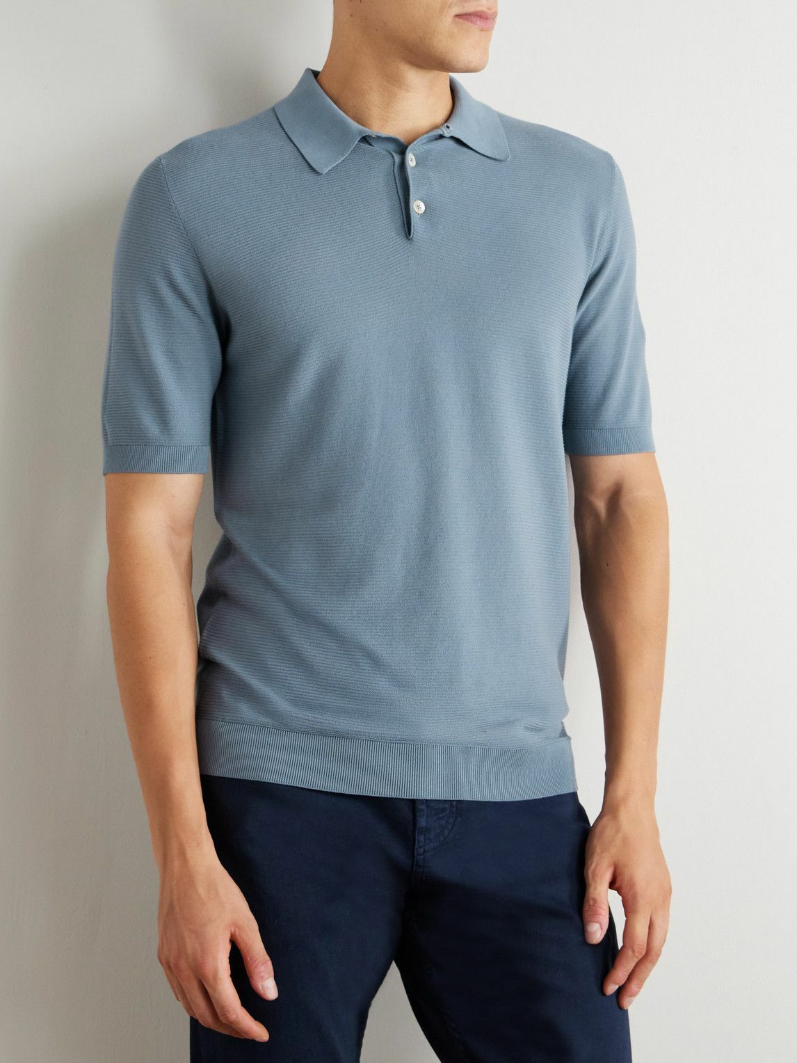 Eleventy - Slim-Fit Ribbed Cotton Polo Shirt - Blue Eleventy