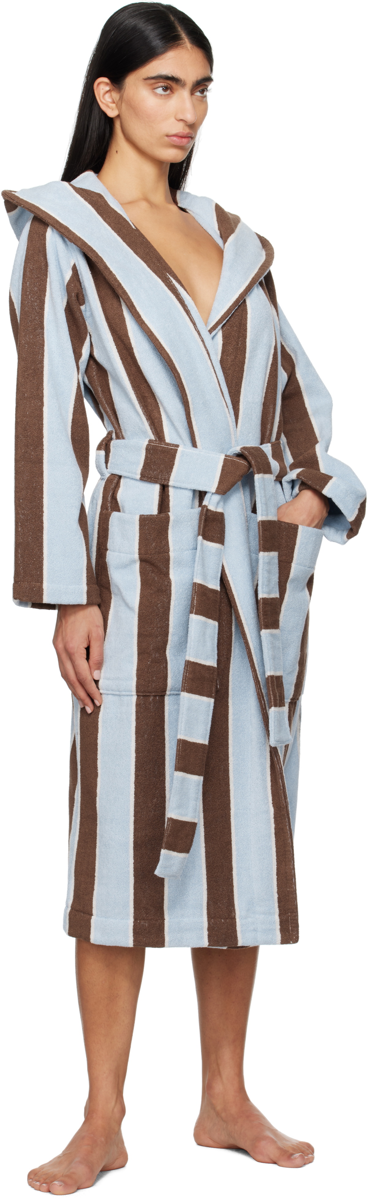 Tekla Blue & Brown Terry Hooded Bathrobe Tekla Fabrics