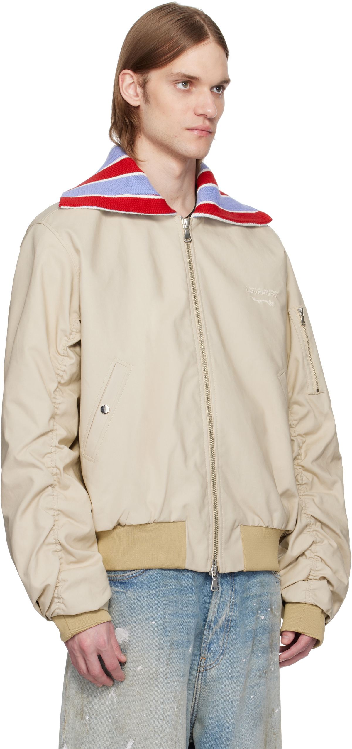 Charles Jeffrey LOVERBOY Beige Knit Collar Bomber Jacket Charles ...