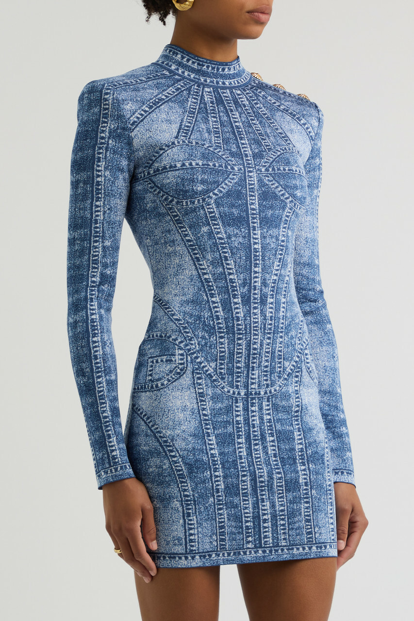 Balmain Denim-intarsia Knitted Mini Dress Balmain