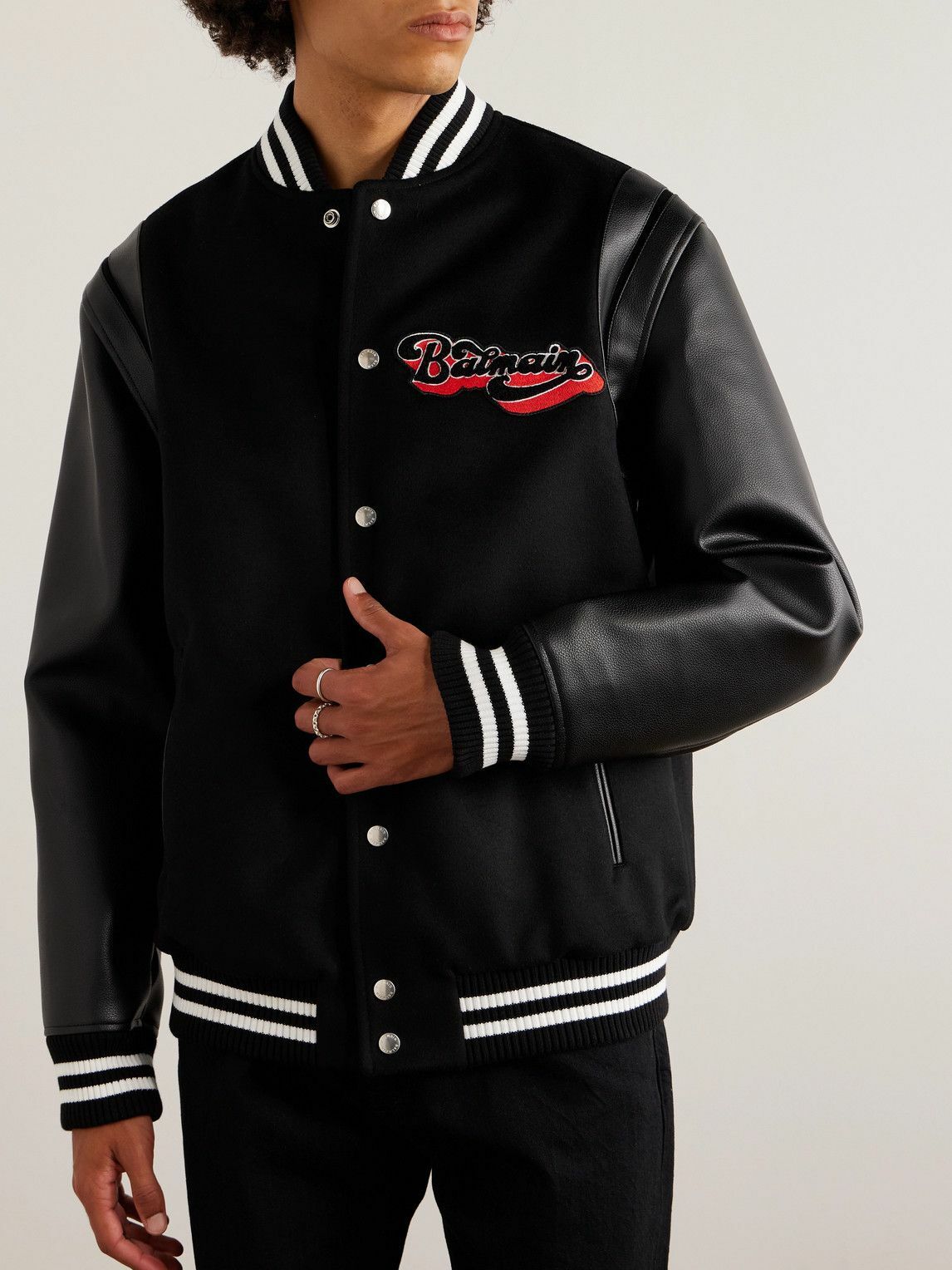 Balmain - Logo-Appliquéd Virgin Wool and Leather Varsity Jacket - Black ...