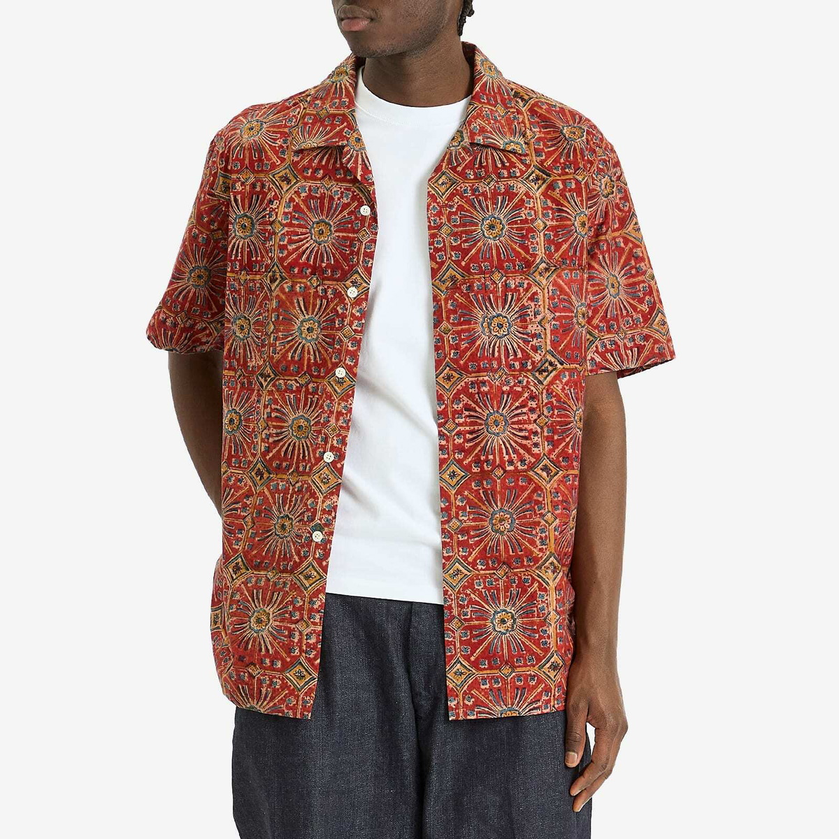Beams Plus Men's Open Collar Block Print Flower Shirt in Red Beams Plus