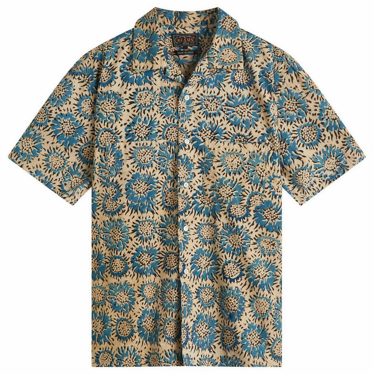 Beams Plus Men's Open Collar Block Print Sunflower Shirt in Blue Beams Plus