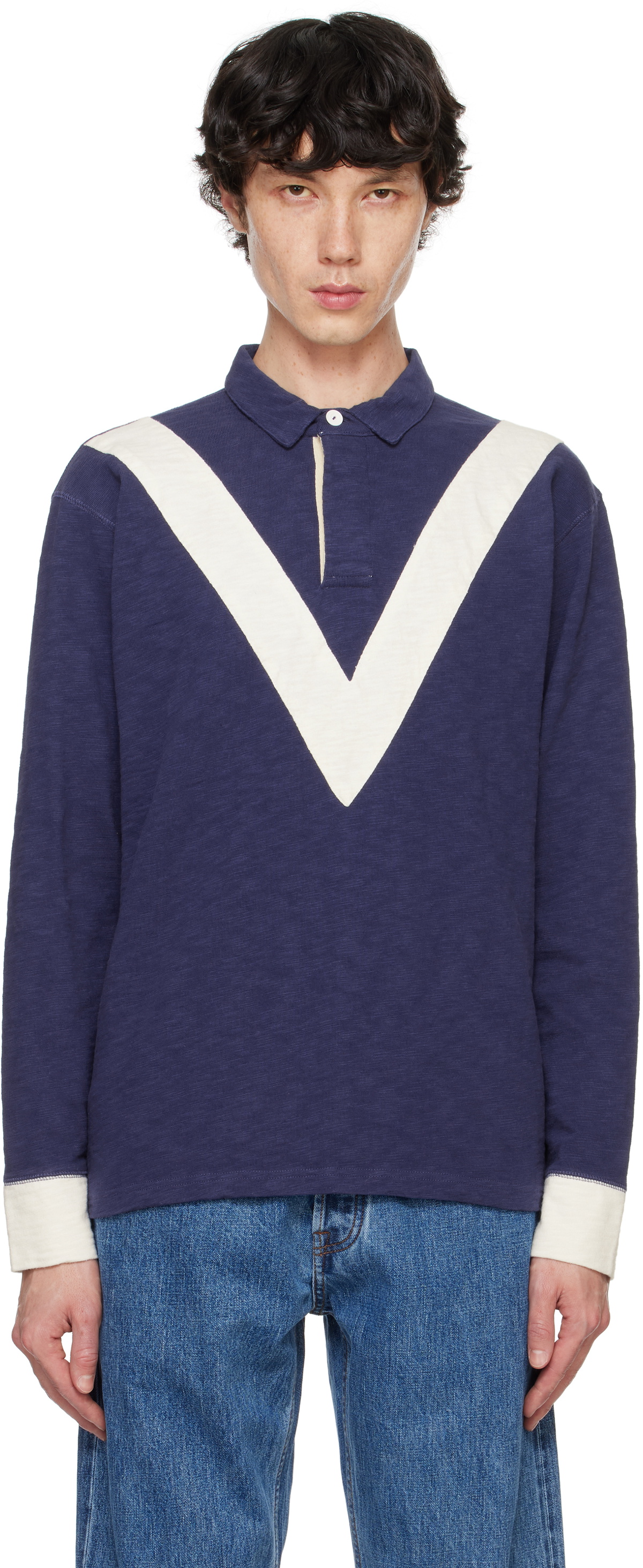 Drake's Navy Chevron Cotton Rugby Shirt Drake's