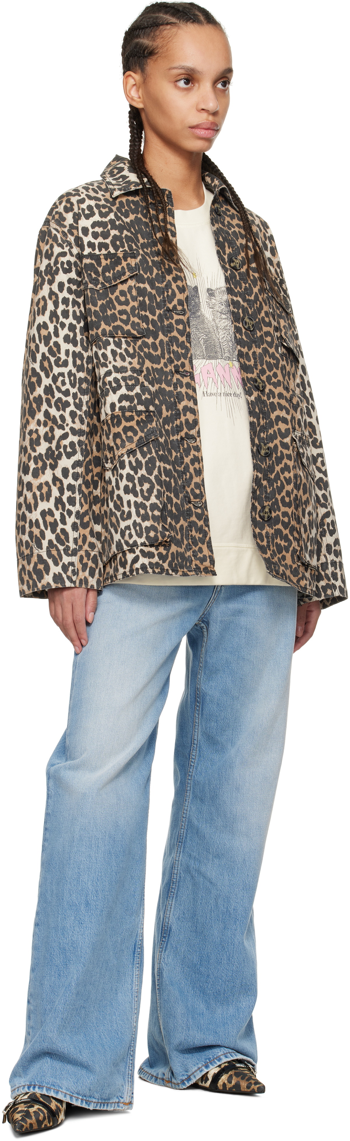 GANNI Brown Leopard Cotton Canvas Jacket GANNI