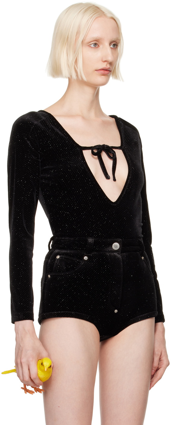 Pushbutton Black Front Self Tie Bodysuit Pushbutton