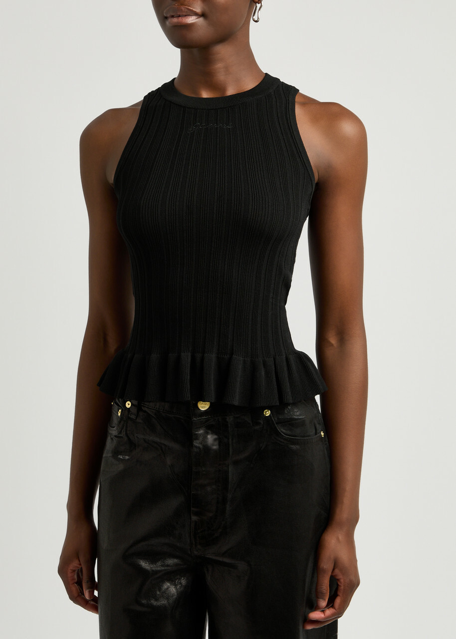 Ganni Logo-embroidered Ribbed Tank Black GANNI