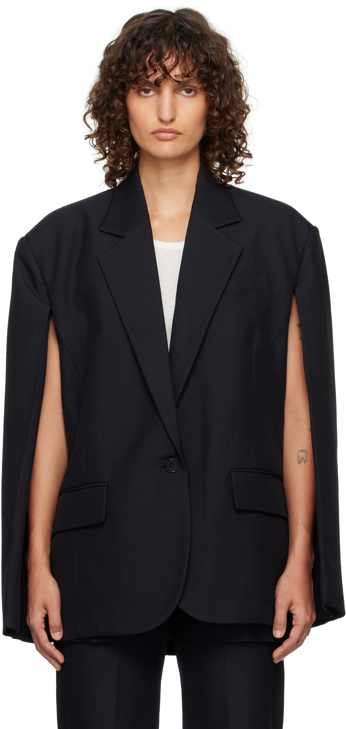 Pushbutton Navy Open Back Cape Blazer Pushbutton
