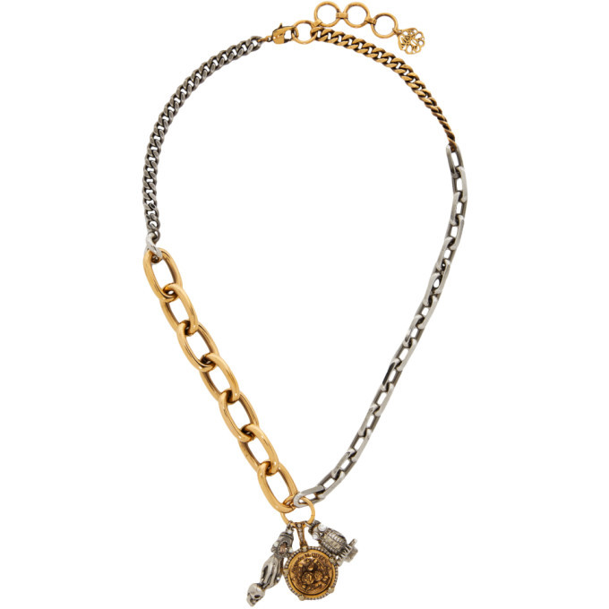 Alexander McQueen Silver and Gold Long Chain Charms Necklace Alexander ...