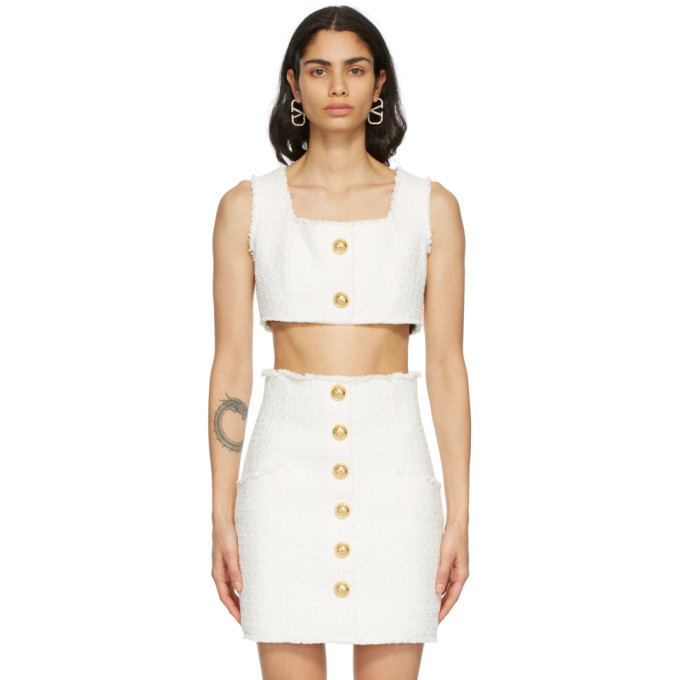 Balmain White Tweed Cropped Tank Top Balmain