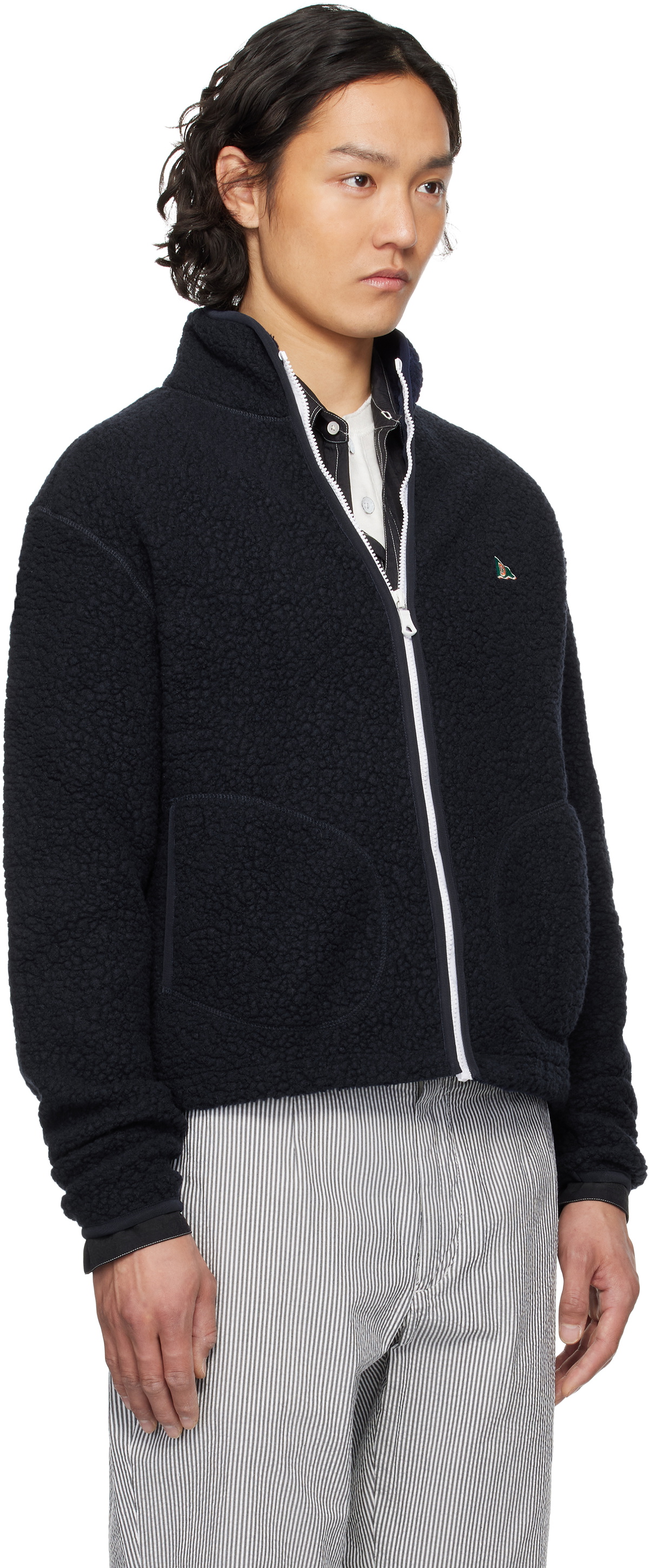 Drake's Navy Boucle Wool Zip Fleece Jacket Drake's