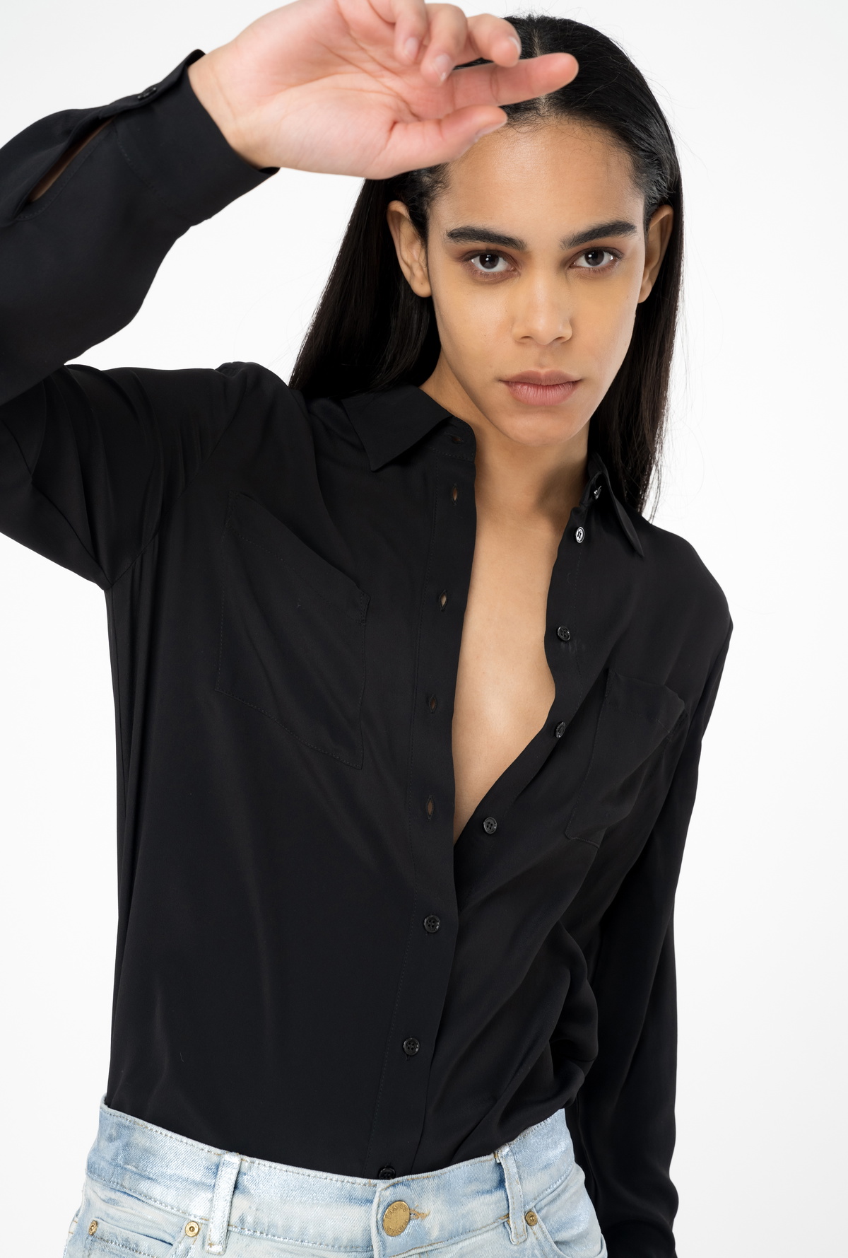 Pinko Silk Blend Shirt With Breast Pocket Limo Black Pinko