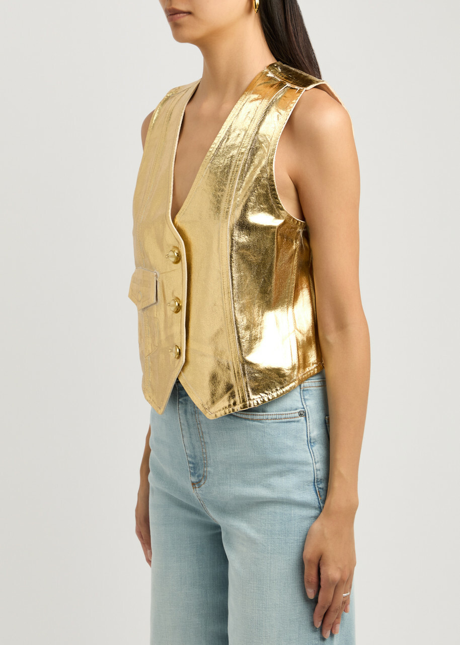 Ganni Metallic Denim Waistcoat Gold GANNI