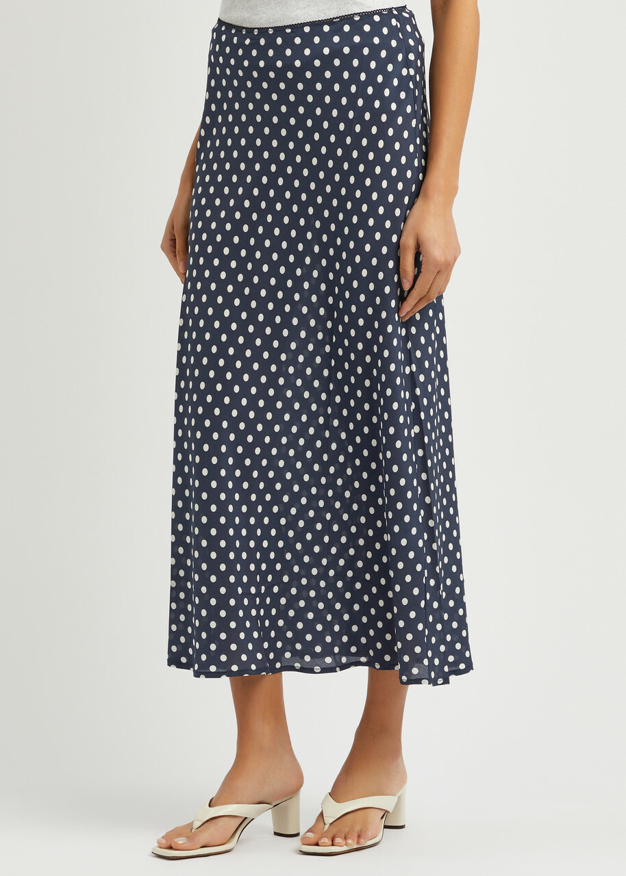 Rixo Ardith Polka Dot-print Silk Midi Skirt Navy Rixo