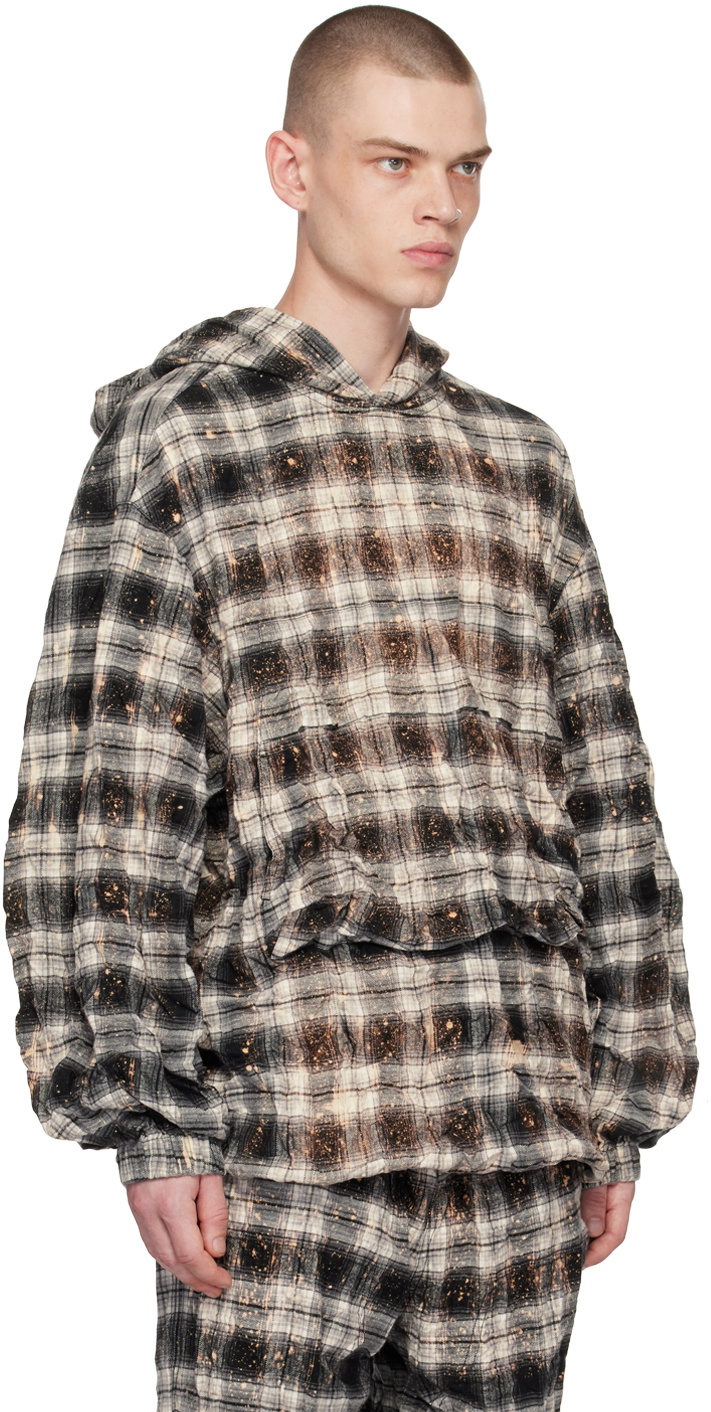 We11done Black & Off-White Crinkled Check Hoodie We11done