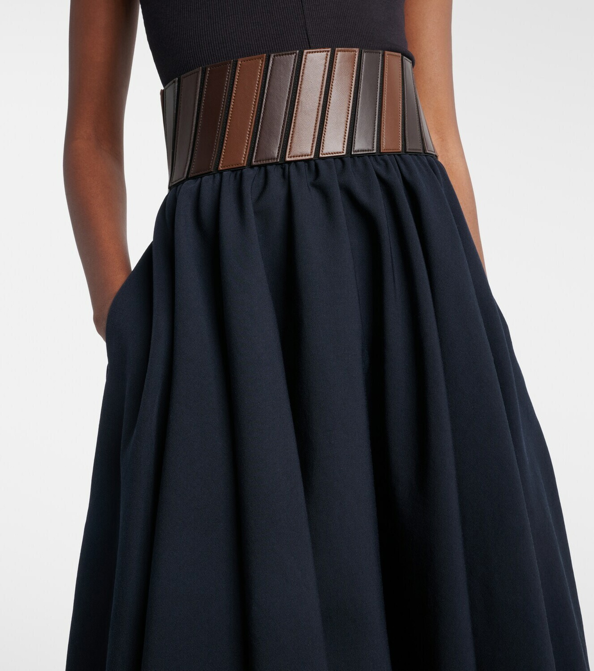 Alaïa Leather-trimmed wool midi skirt ALAÏA