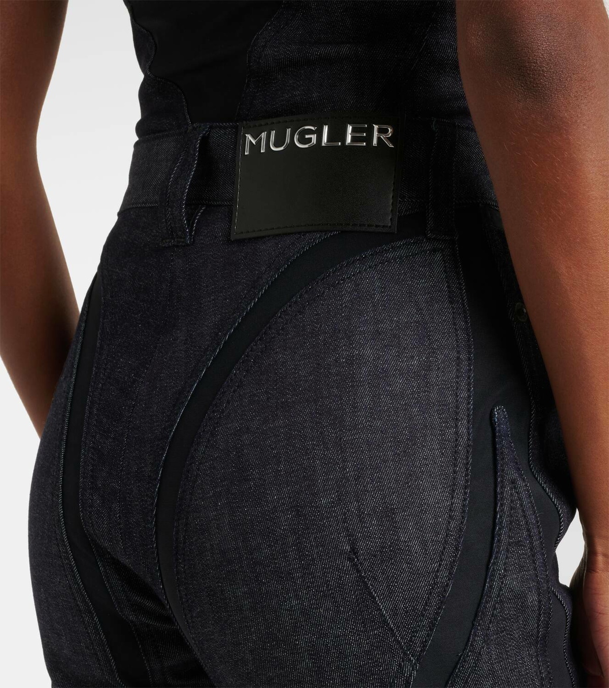 Mugler Mesh-trimmed denim capri pants Mugler