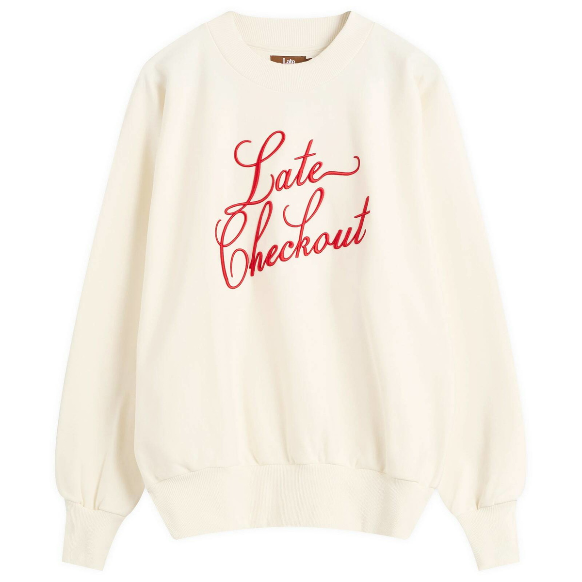 Late Checkout Men's Script Crewneck Sweatshirt in White/Red Late Checkout
