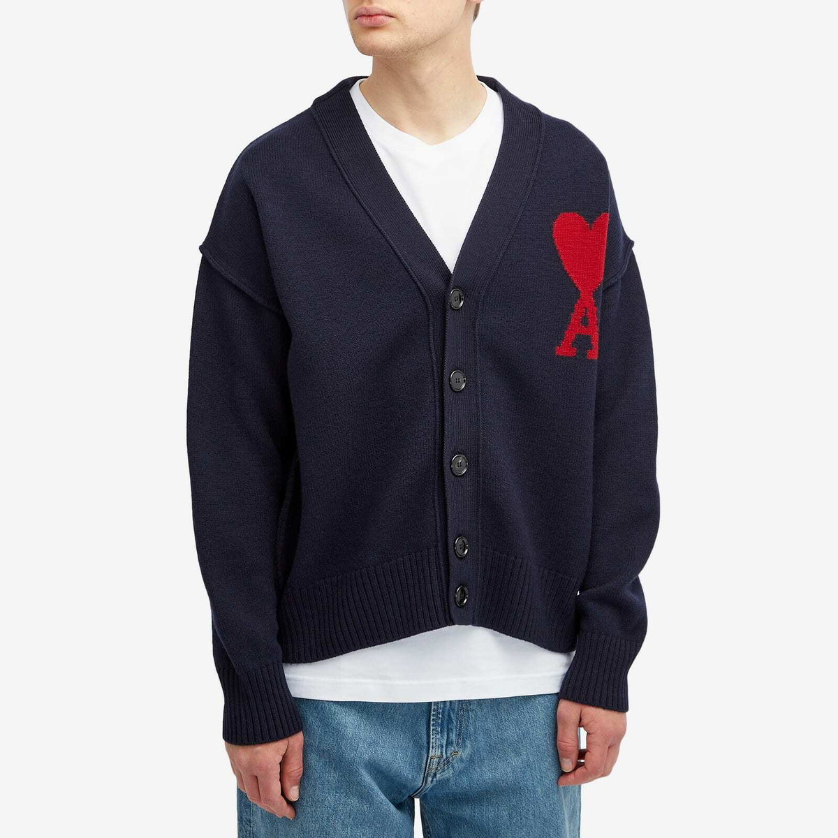AMI Paris Men's A Heart Cardigan in Navy/Red AMI