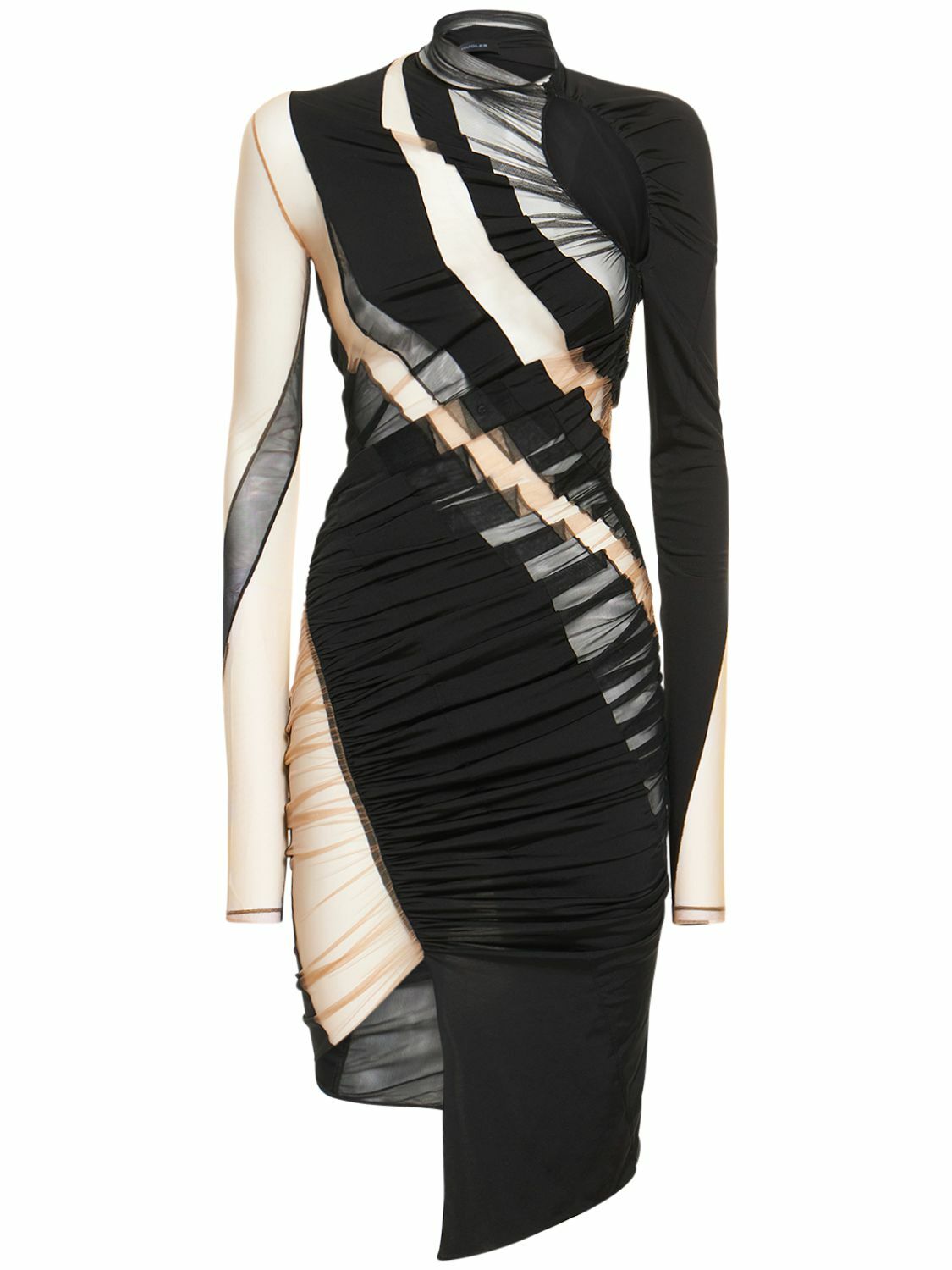 MUGLER Ruched Sheer Mesh Cutout Mini Dress Mugler