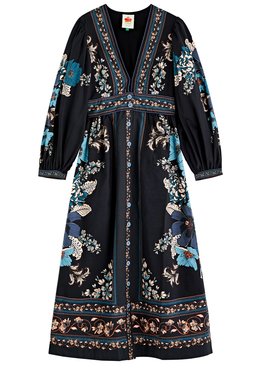 Farm Rio Blossom Tapestry Floral-print Cotton Midi Dress Black Farm Rio