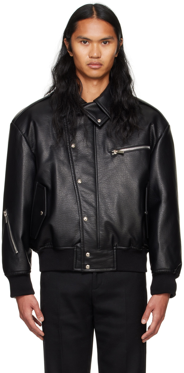 System Black Padded Faux-Leather Jacket System