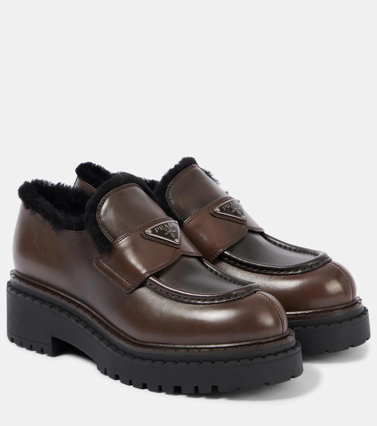 Prada Shearling-lined brushed leather loafers Prada