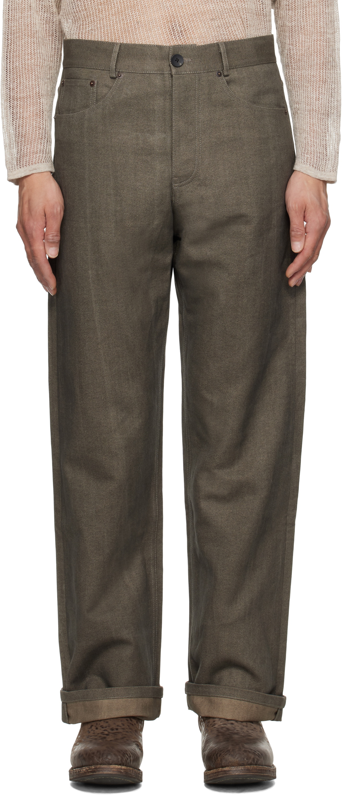 Aviva Jifei Xue Khaki Uneven Ink 5 Pocket Jeans Aviva Jifei Xue