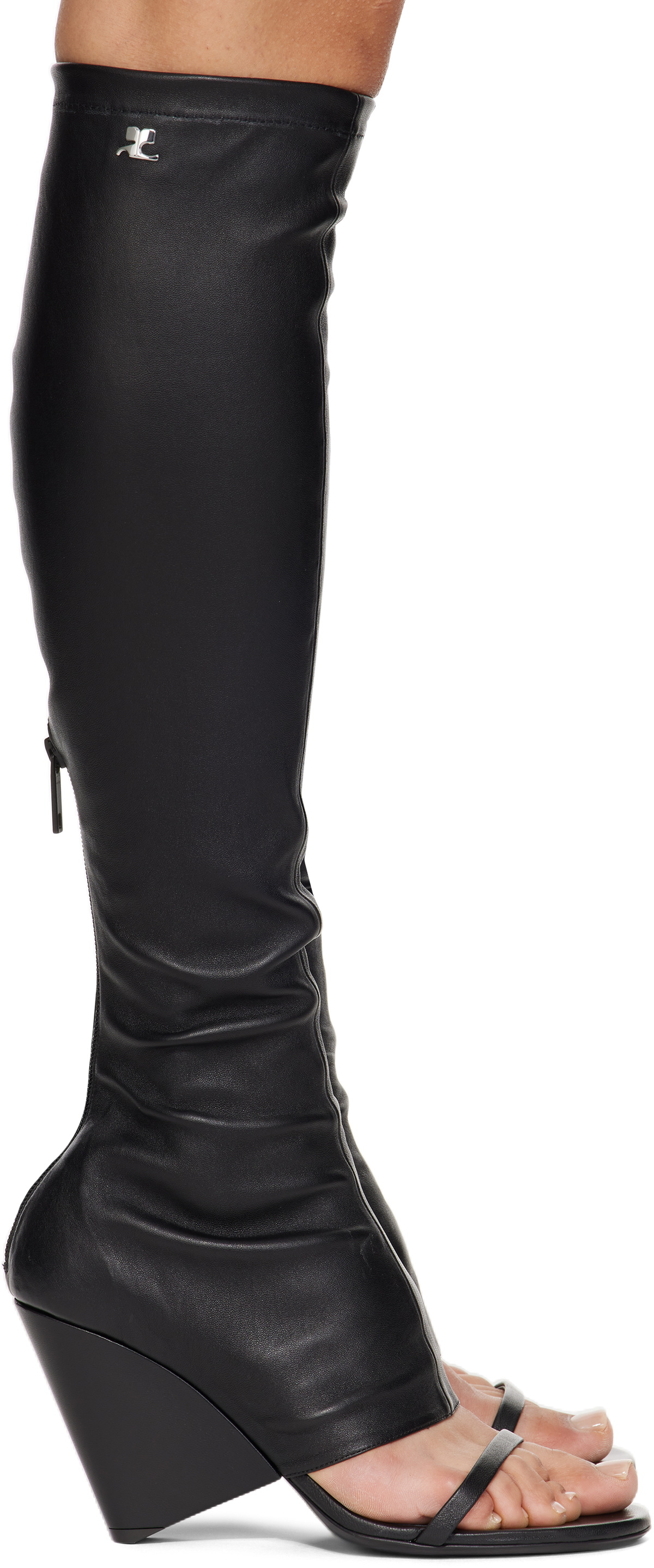 Courrèges Black Oblique Wedged Leather Tall Boots Courreges