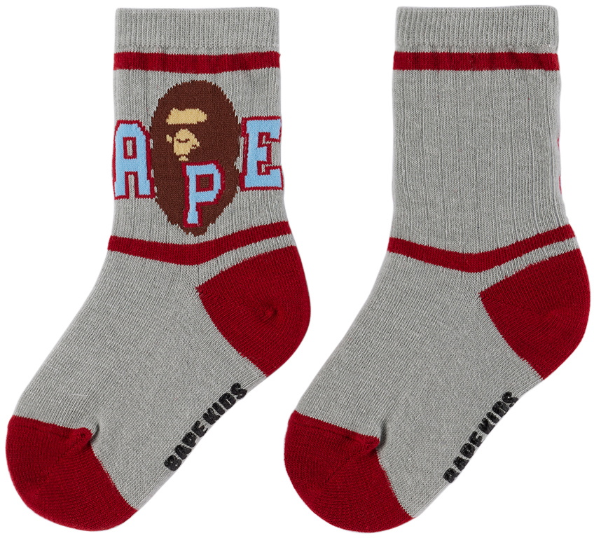 BAPE Kids Gray Striped Ape Head Socks A Bathing Ape