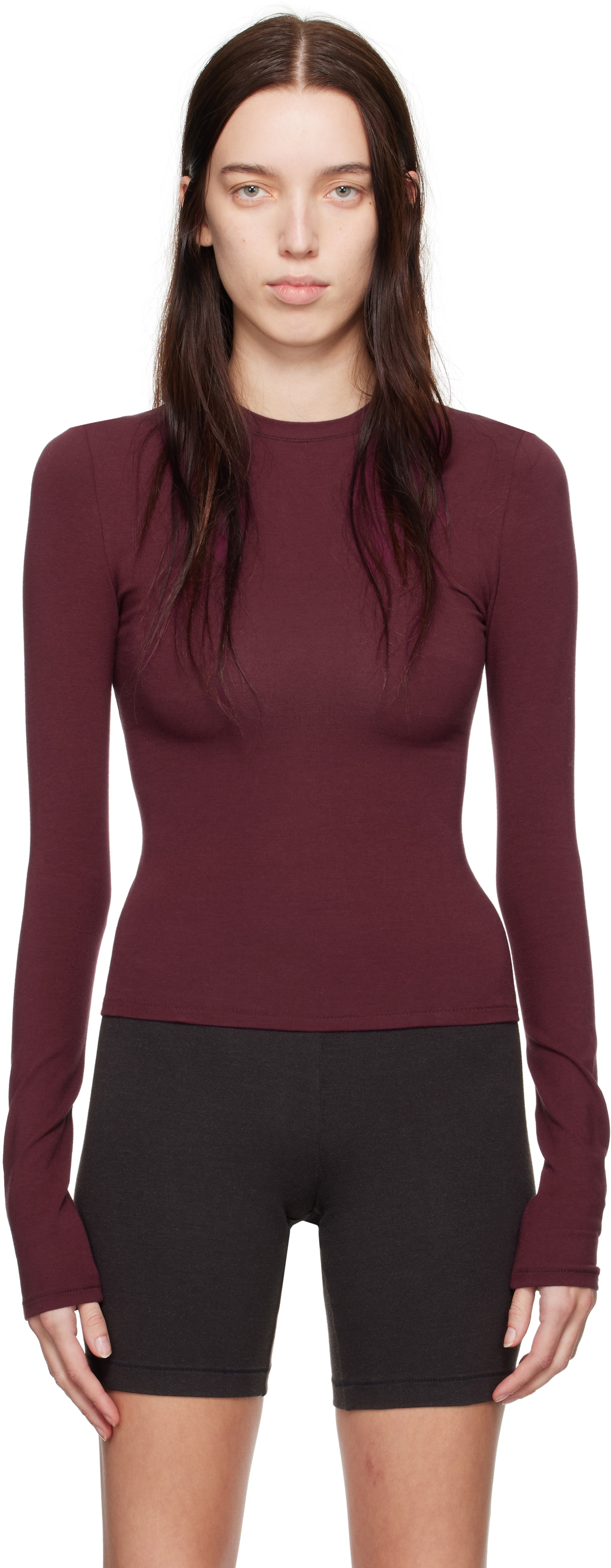 SKIMS Burgundy Cotton Jersey Long Sleeve T-shirt SKIMS