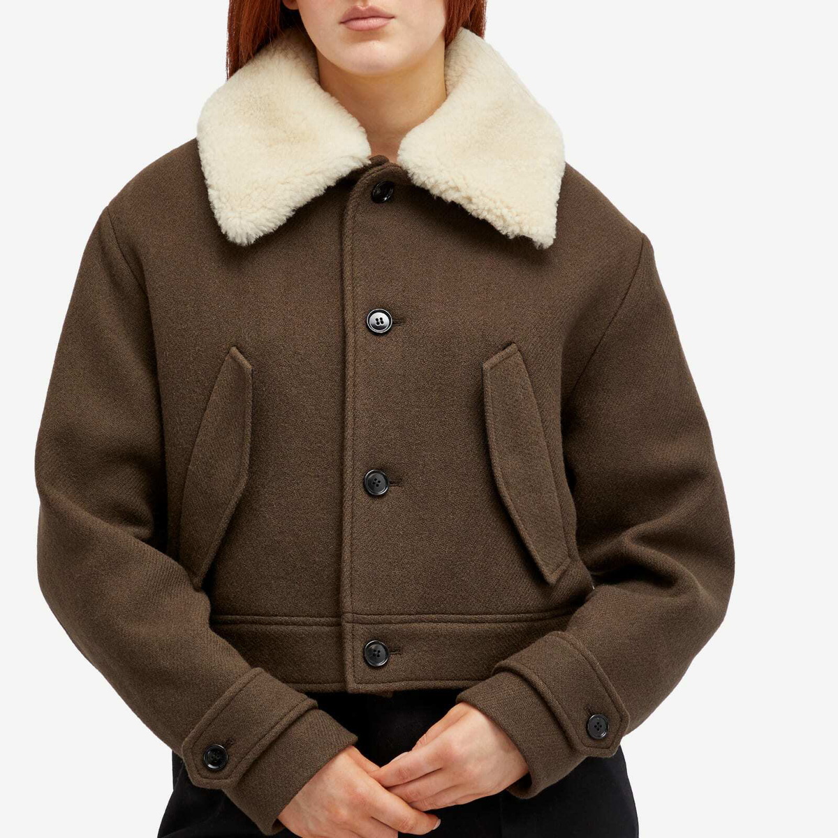 AMI Paris Women's Shearling Collar Jacket in Dark Coffee AMI