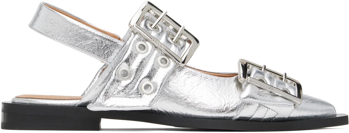 GANNI Silver Metallic Feminine Buckle Flats GANNI