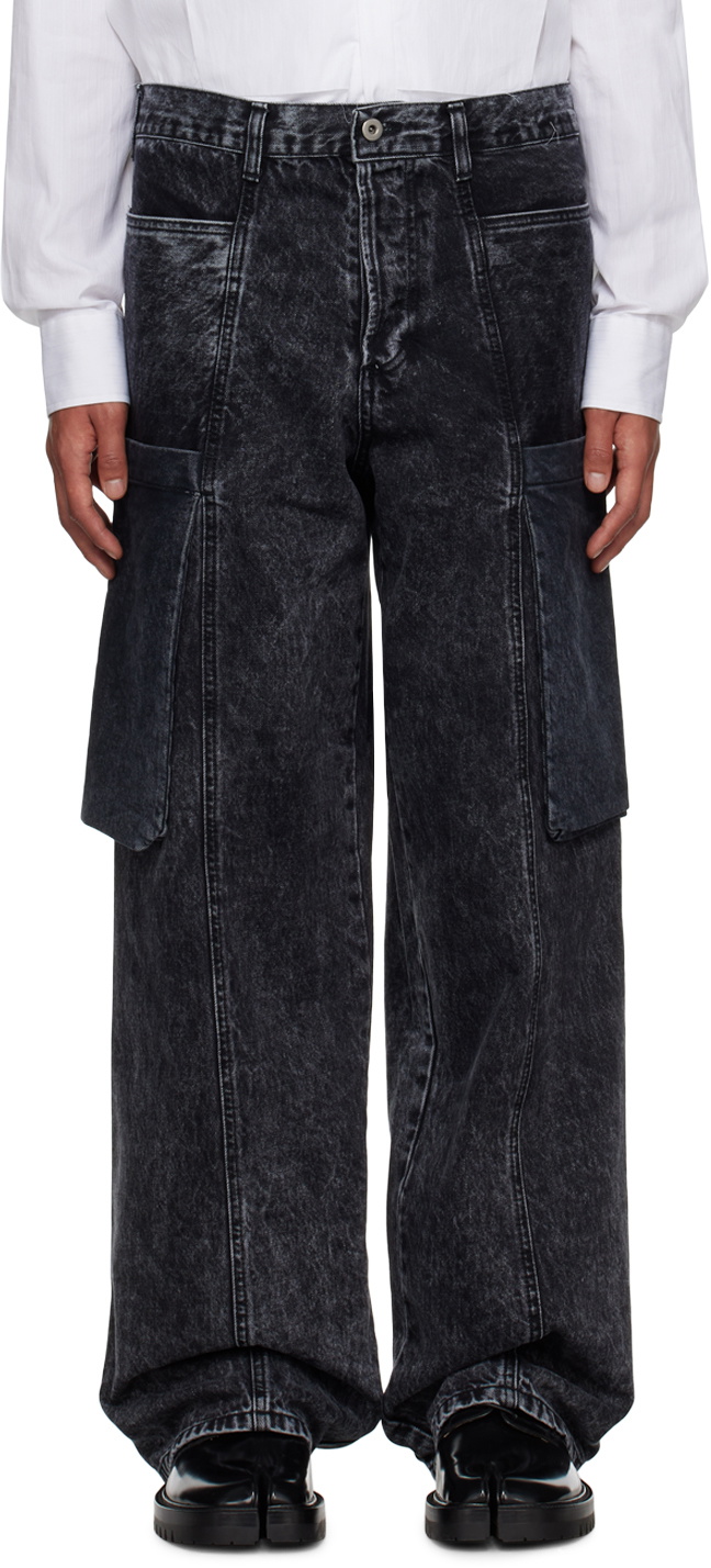 T/SEHNE Black Acid Wash Denim Cargo Pants