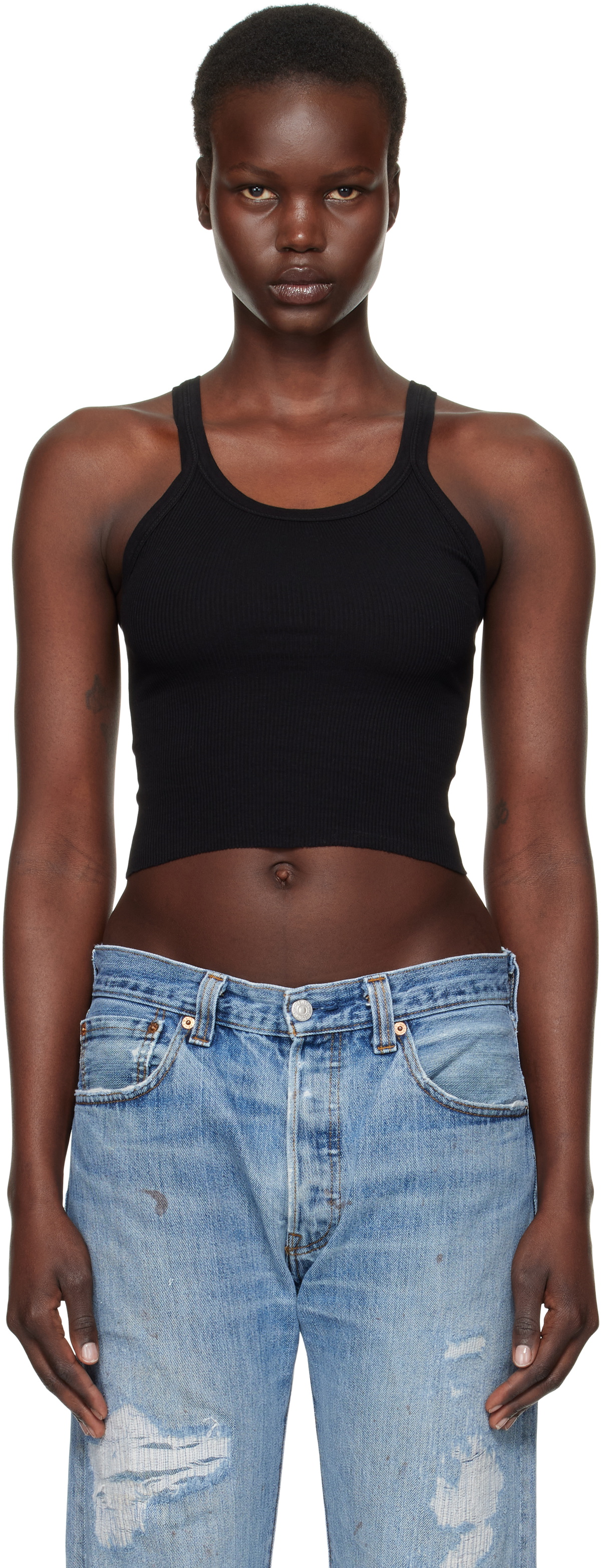 Re/Done Black Hanes Edition Cropped Ribbed Tank Top Re/Done