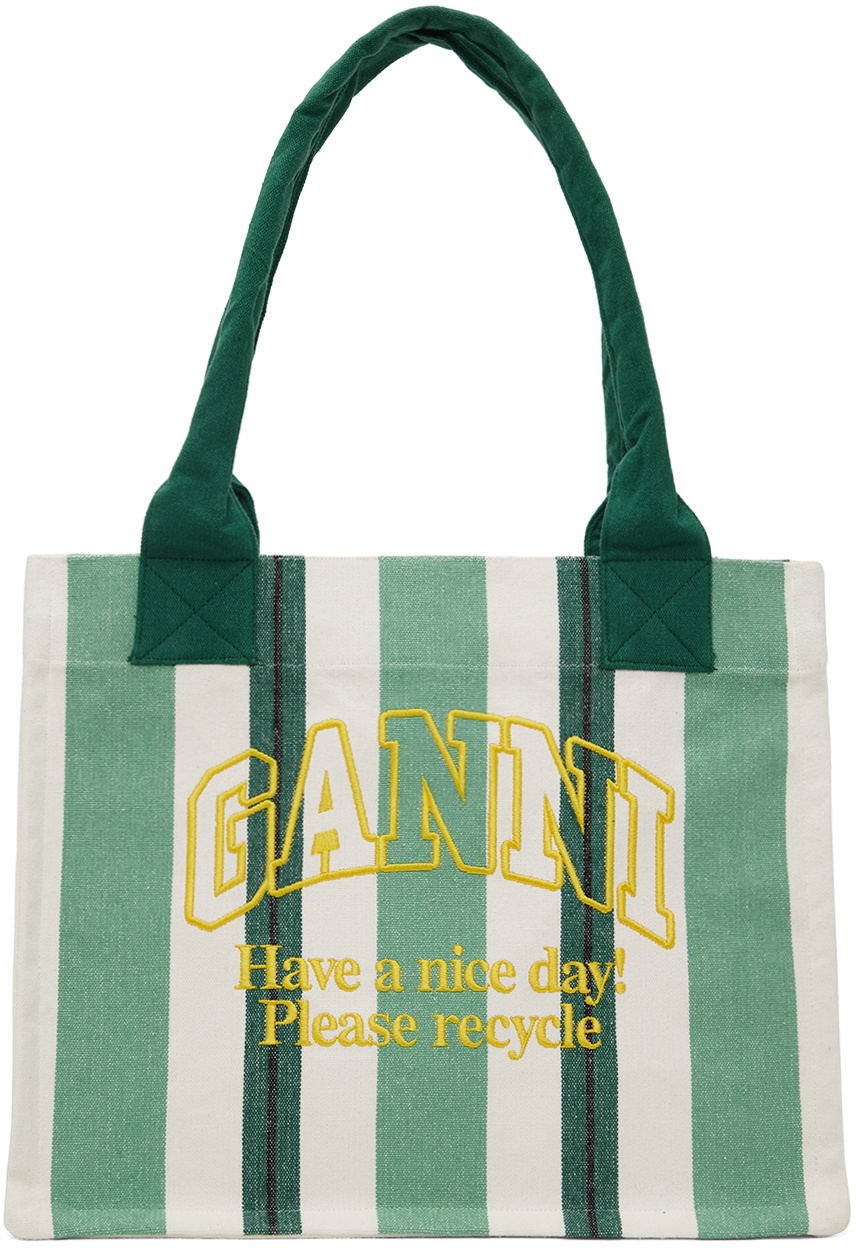 GANNI Green Large Striped Canvas Tote GANNI