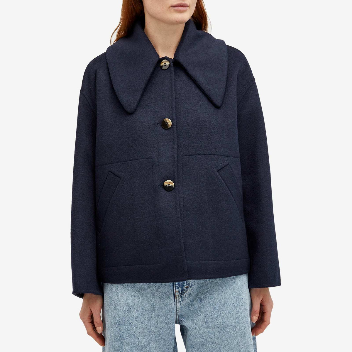 GANNI Women's Wool Wide Collar Jacket in Sky Captain GANNI