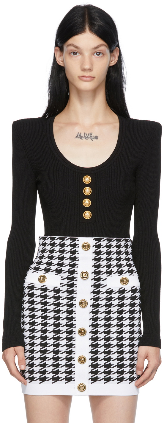 Balmain Black Rib Knit Button Bodysuit Balmain