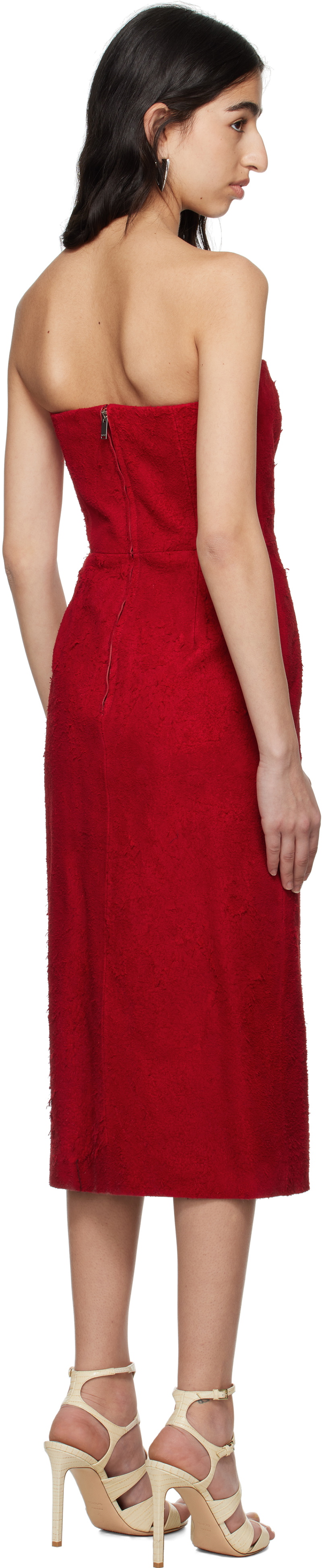 McQueen Red Strapless Suede Midi Dress Alexander McQueen
