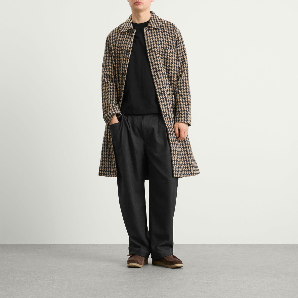 Universal Works Men's Cortina Tweed Long Swing Coat in Sand Universal Works