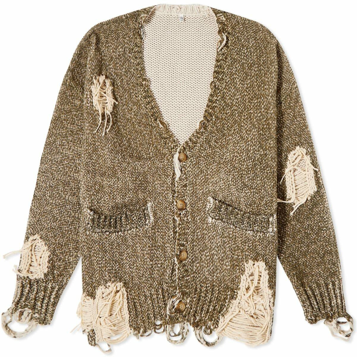 R13 Women's Distressed Jumbo Cardigan in Printed Khaki Tweed R13