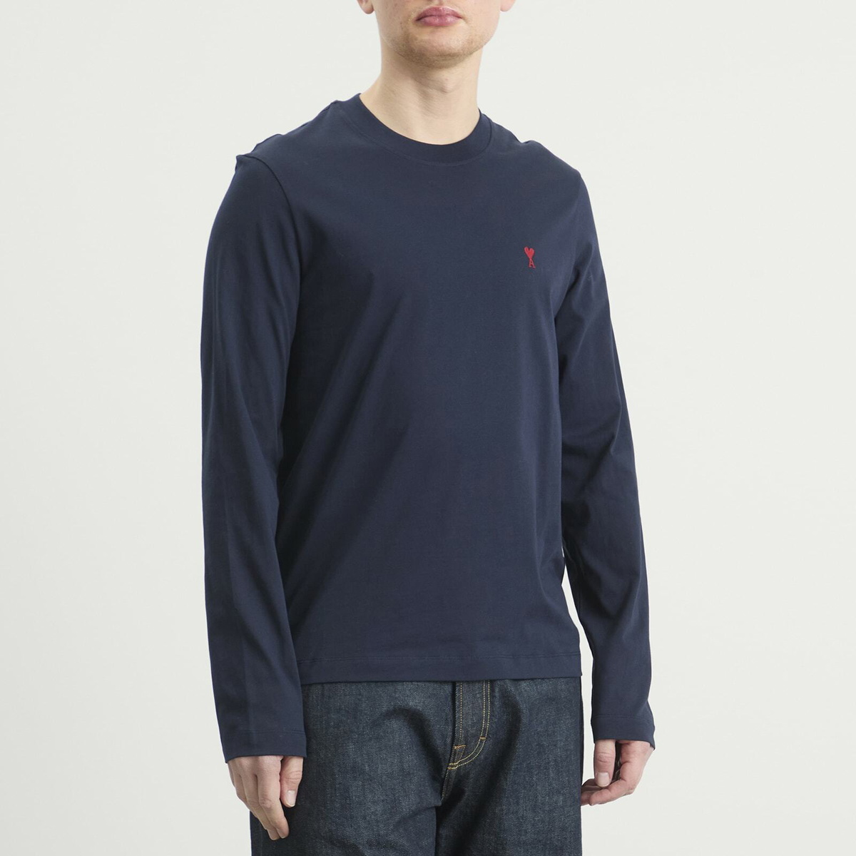 AMI Paris Men's Red Ami De Coeur Long Sleeve T-Shirt in Bleu Nuit AMI