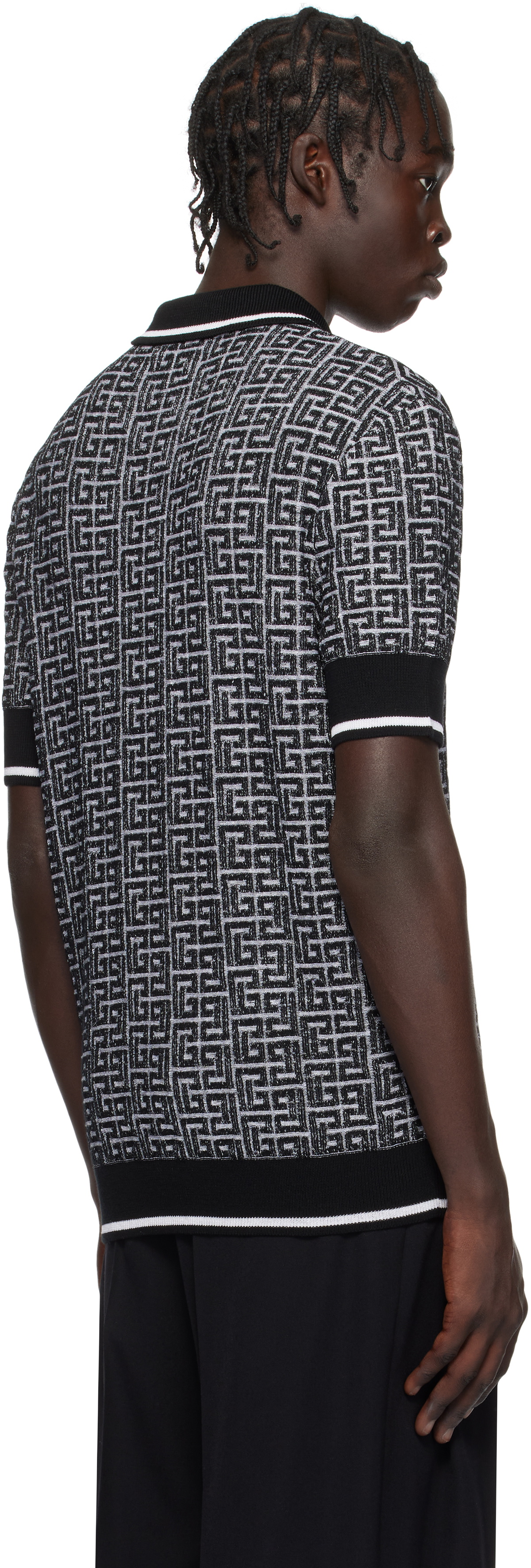 Balmain Black & White 'PB' Labyrinth Knit Polo Balmain