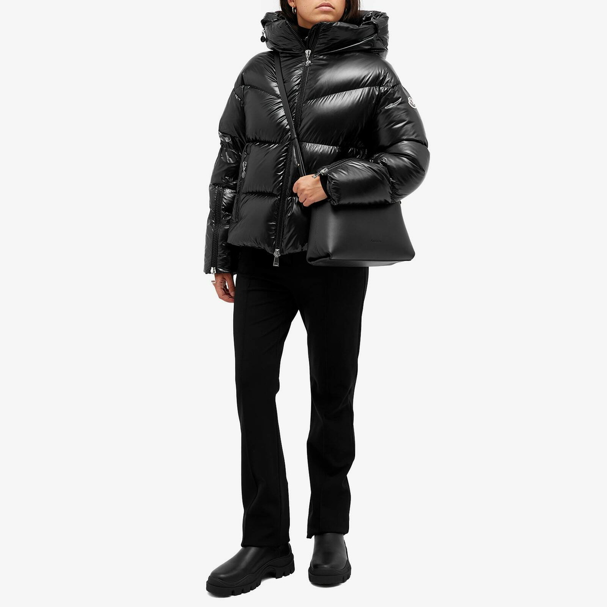 Moncler Women's Huppe Logo Neck Padded Jacket in Black Moncler Moncler Women's Huppe Logo Neck Padded Jacket in Black Moncler