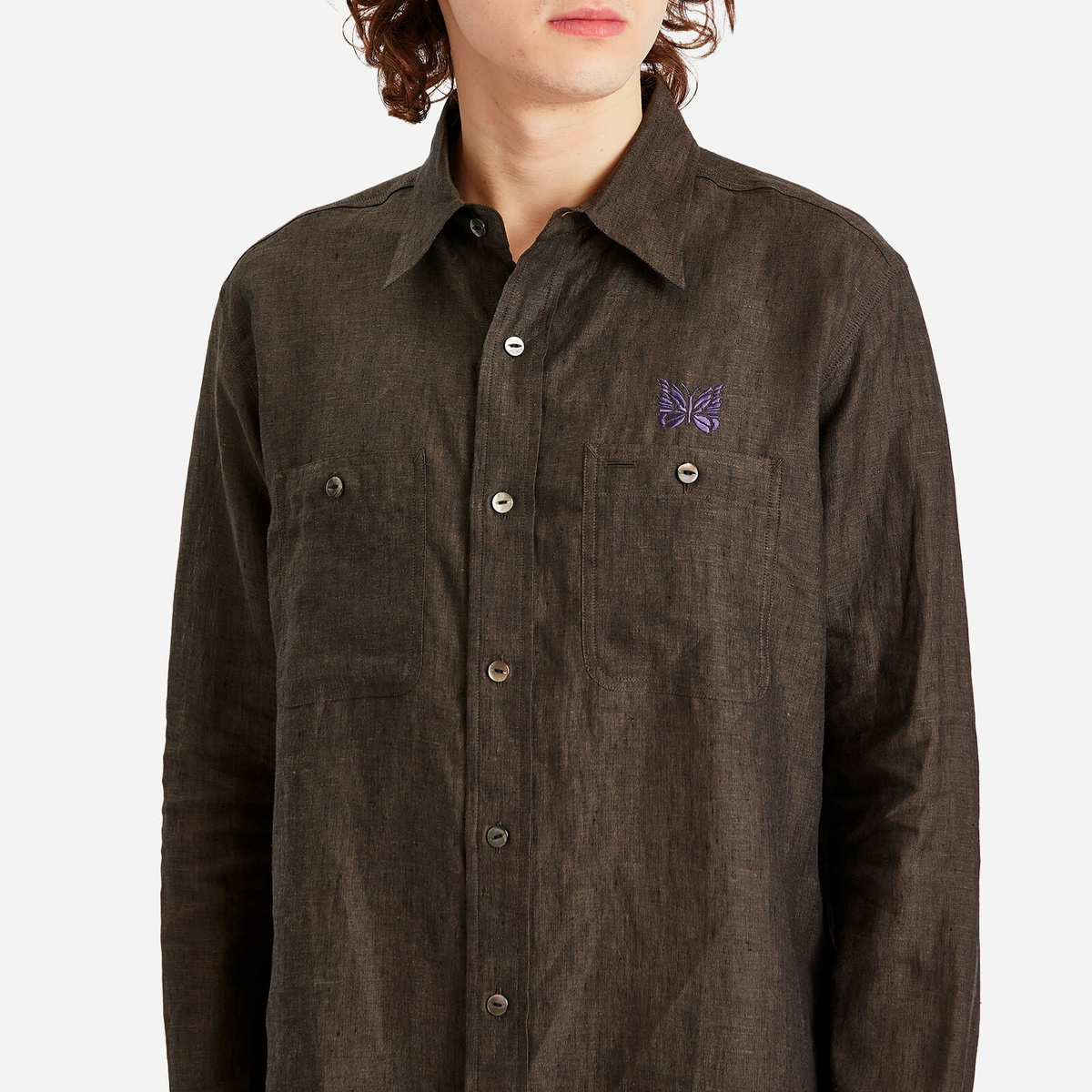 Needles Men's Linen Chambray Work Shirt in Charcoal Needles