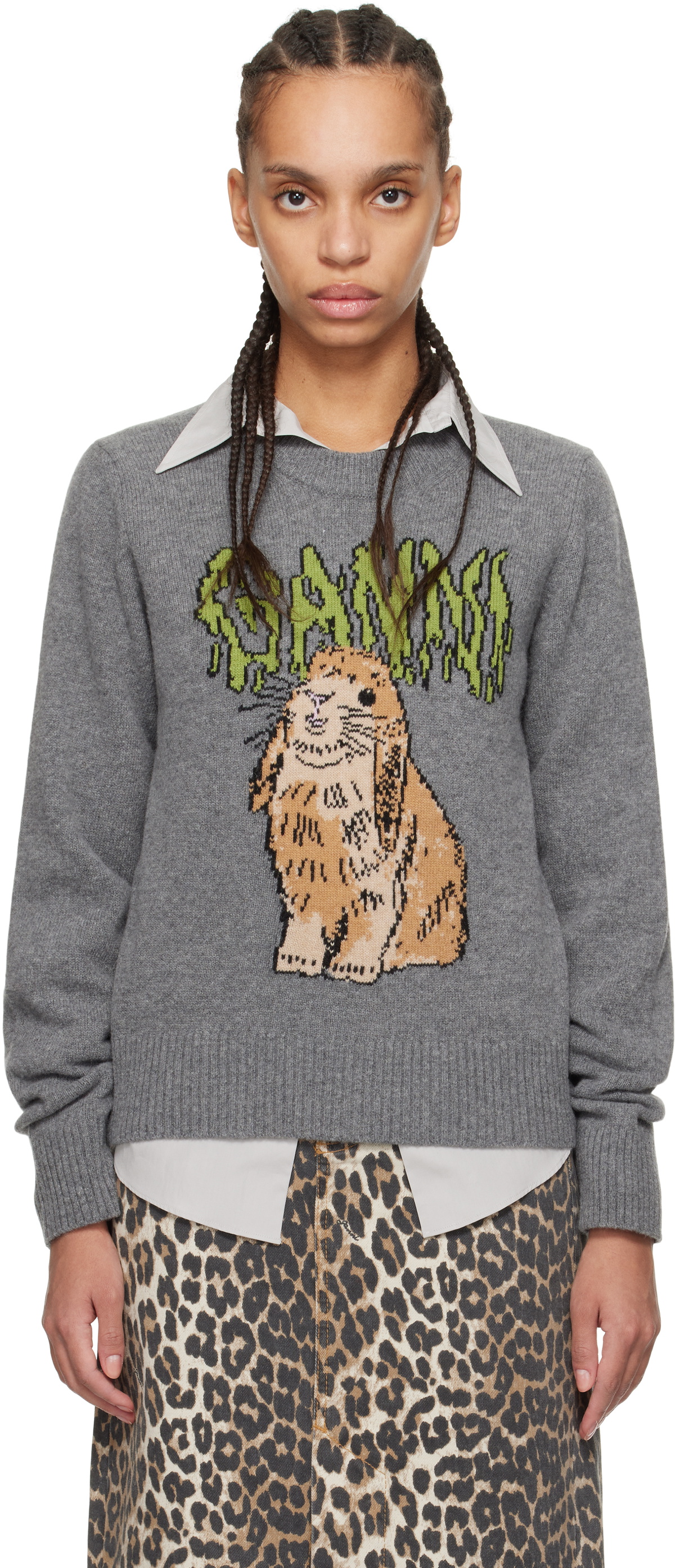 GANNI Gray Graphic Bunny Sweater GANNI