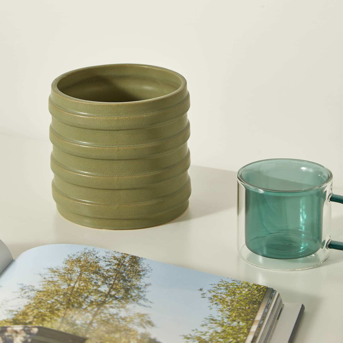 The Conran Shop Stripe Plant Pot in Green The Conran Shop
