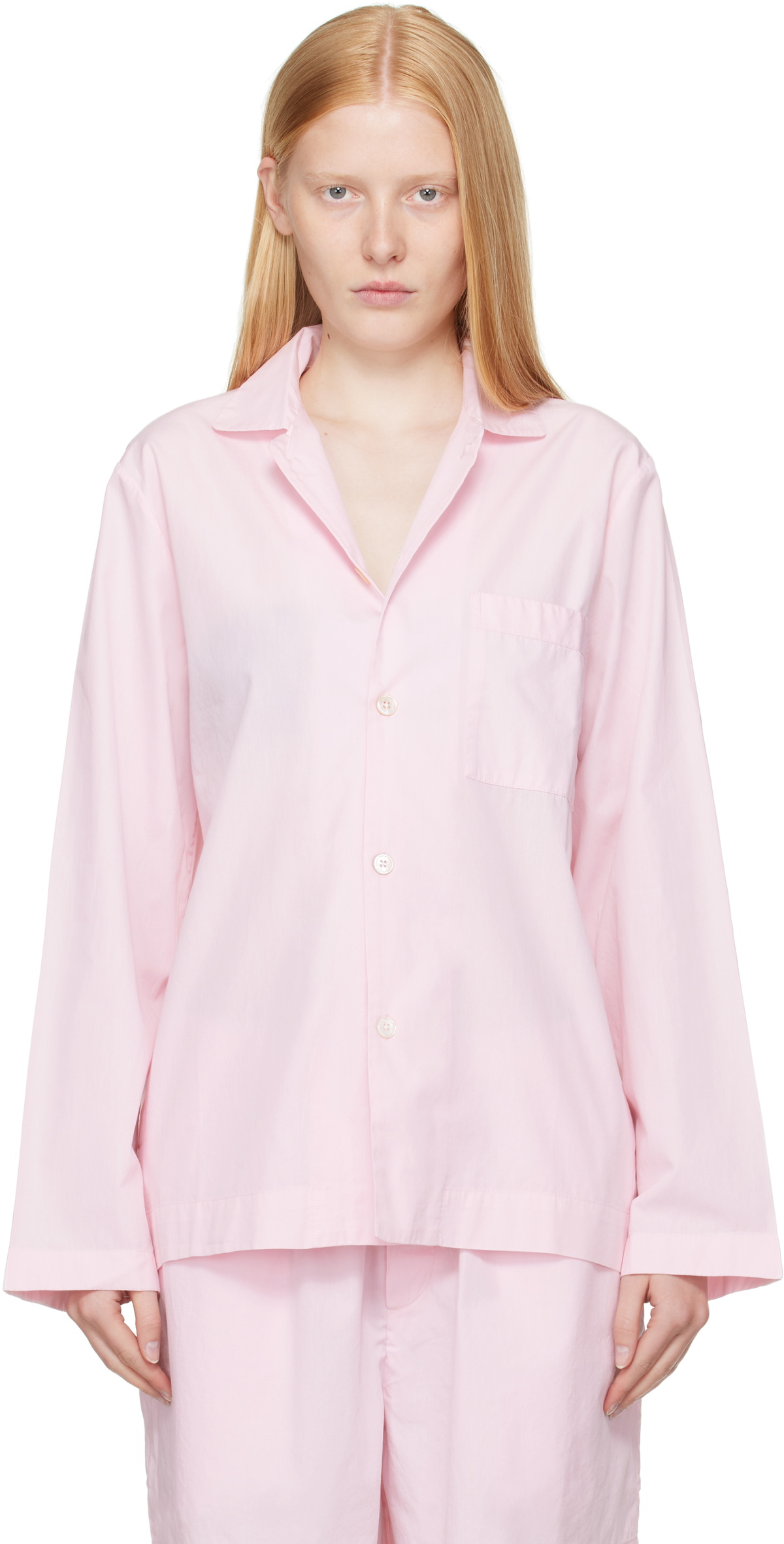 Tekla Pink Poplin Long-Sleeved Pyjama Shirt Tekla Fabrics