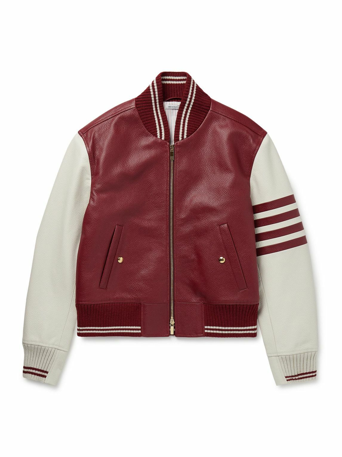 Thom Browne - Striped Full-Grain Leather Bomber Jacket - Burgundy Thom ...